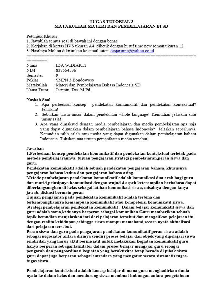 Soal Tutorial 3 Materi Dan PBI SD | PDF