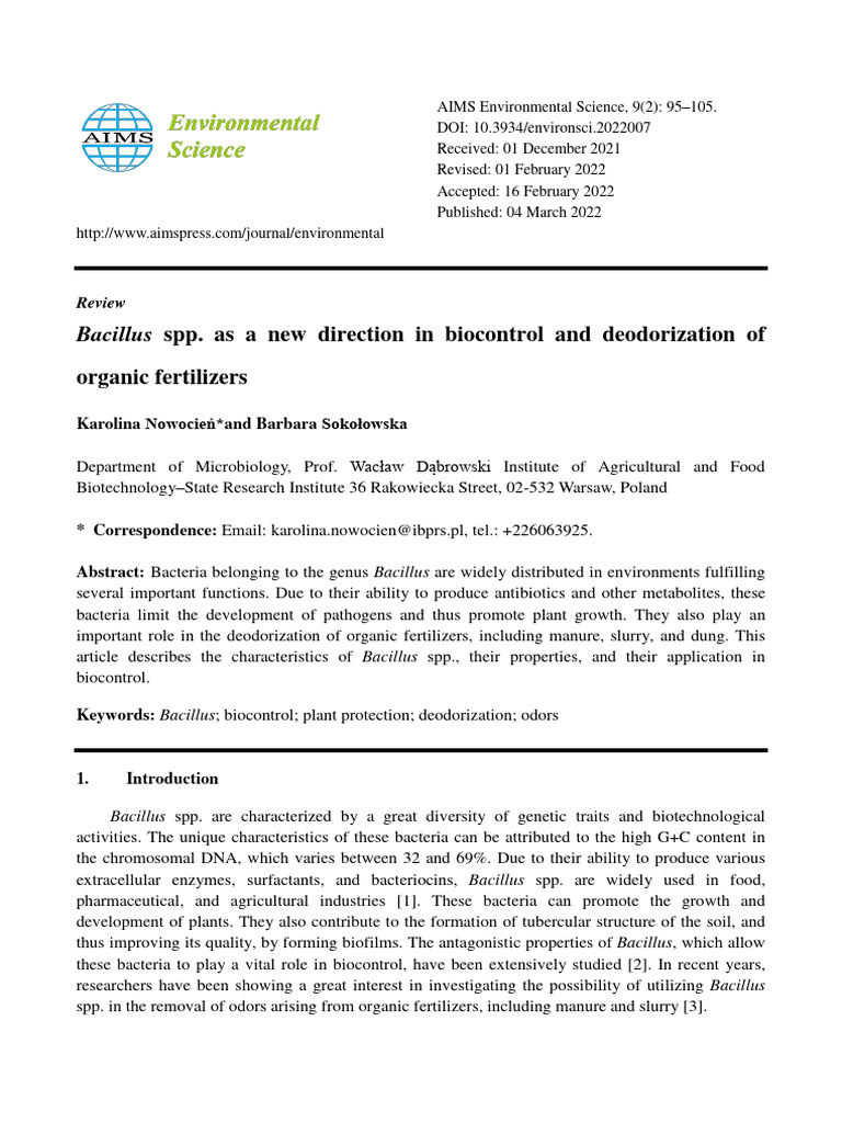 Bacillus Spp. As A New Direction in Biocontrol and Deodorization of | PDF | Bacillus | Bacteria