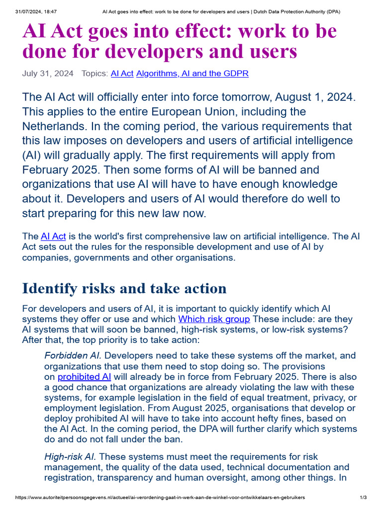 AI Act Goes Into Effect: Work To Be Done For Developers and Users | PDF | Artificial ...