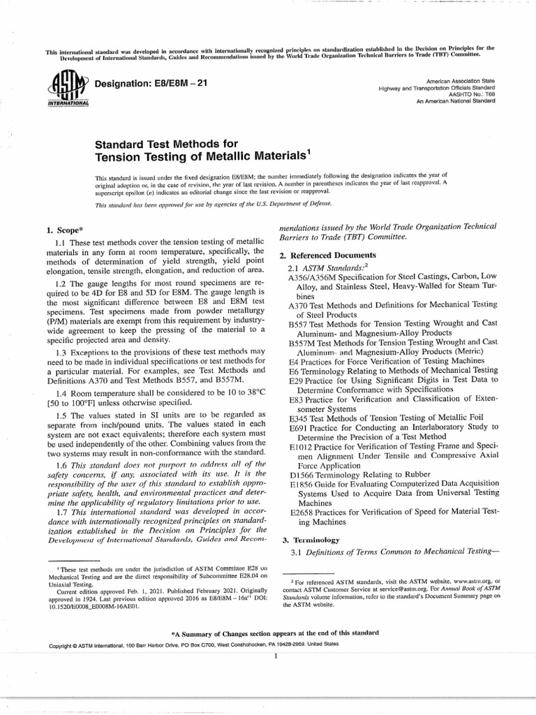 ASTM E8 E8M-2021 金属材料室温拉伸试验标准 | PDF