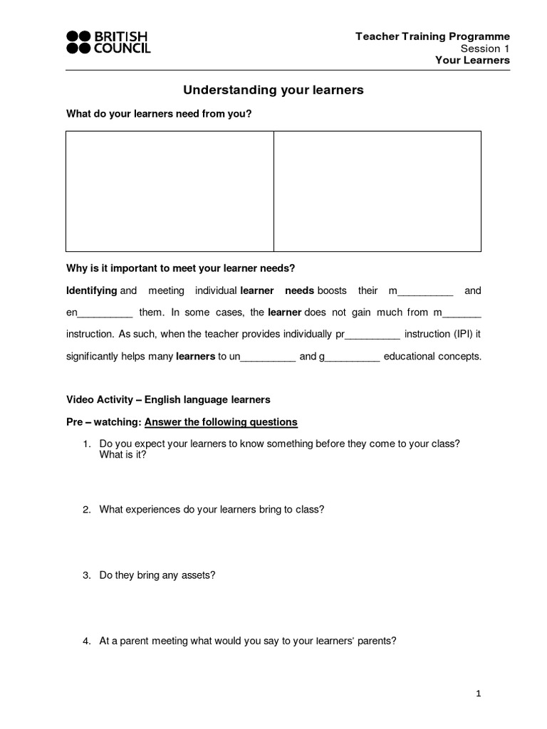 Session 1 ST Worksheet Understanding Your Learner | PDF | Learning ...