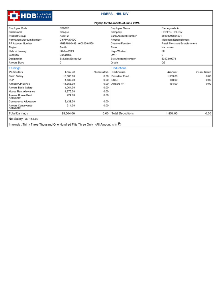 Earnings Deductions: Hdbfs - HBL Div | PDF | Financial Services | Money