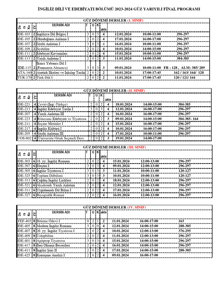 2023 2024 Guz Donemi Final Sinav Programi 12012024 | PDF