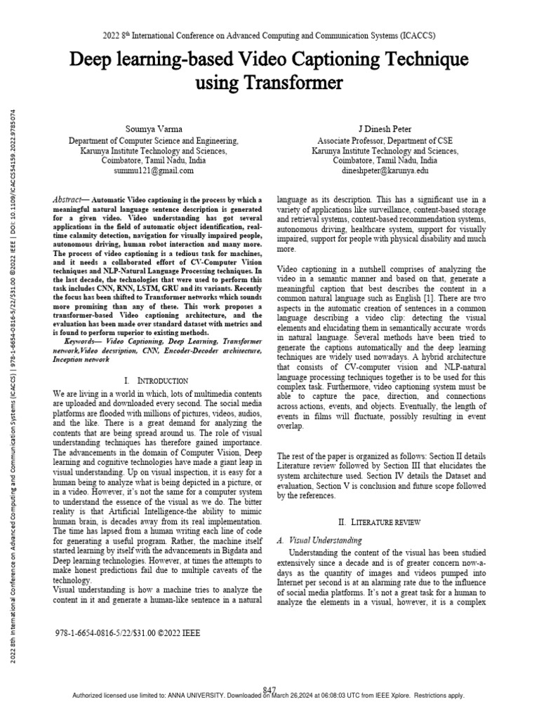 Deep Learning-Based Video Captioning Technique Using Transformer | PDF ...