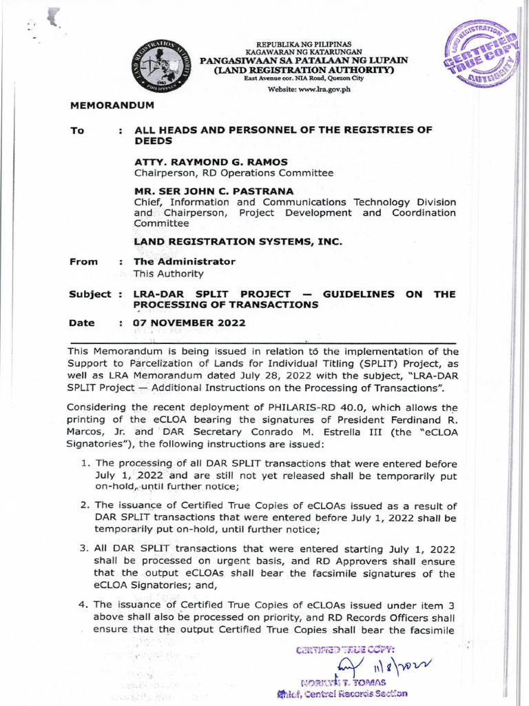 Memorandum Dated November 7 2022 Lra Dar Split Project Guidelines On ...