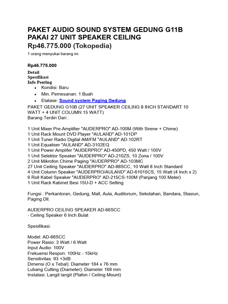 Paket Audio Sound System Gedung G11B Pakai 27 Unit Speaker Ceiling ...