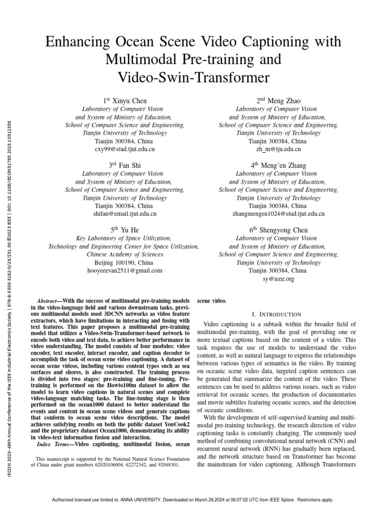 Enhancing Ocean Scene Video Captioning With Multimodal Pre-Training and Video-Swin-Transformer ...