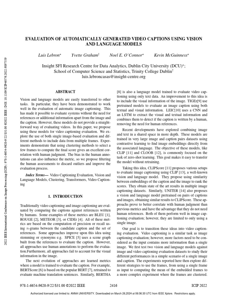 Evaluation of Automatically Generated Video Captions Using Vision and Language Models | PDF ...