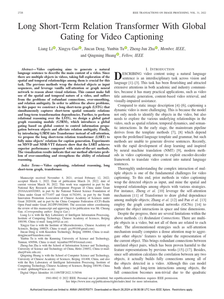 Long Short-Term Relation Transformer With Global Gating For Video Captioning | PDF | Attention ...