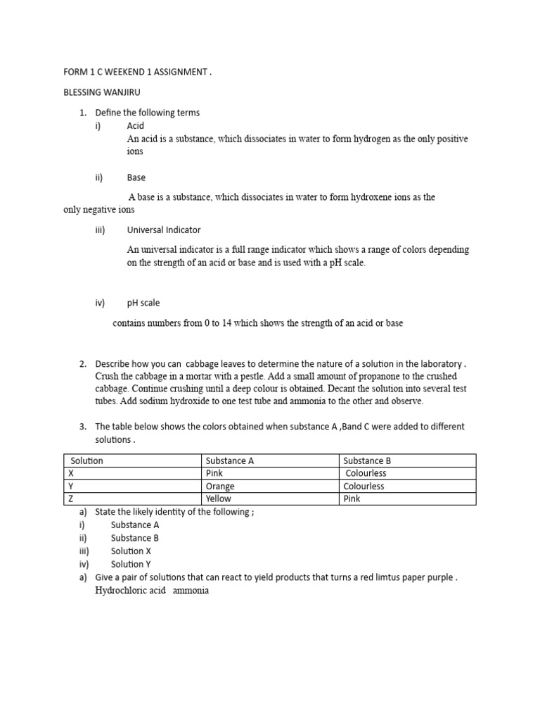 Form 1 C Weekend 1 Assignment (1 | PDF | Acid | Ph