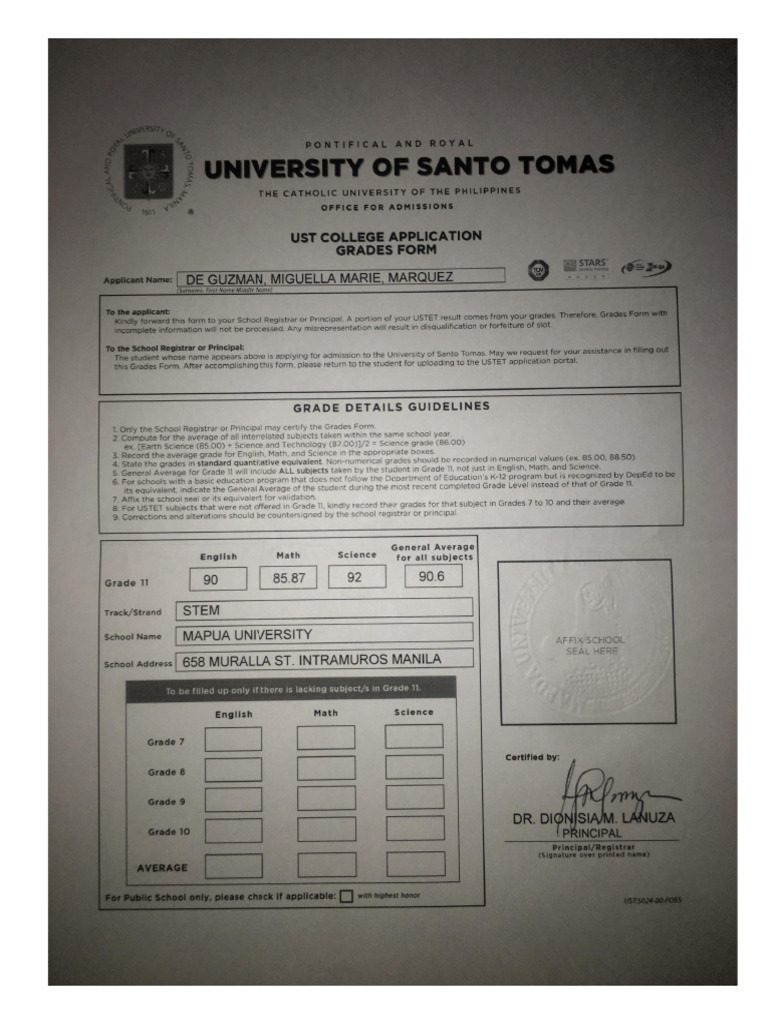 Ust Grades Form | PDF