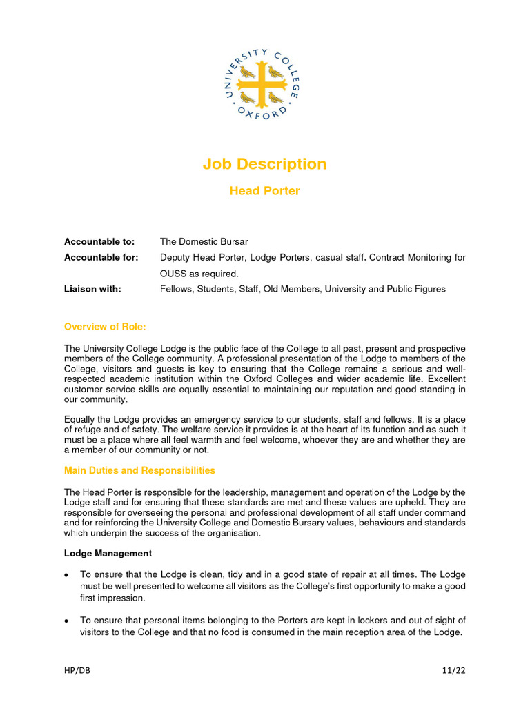 Head Porter Job Description | PDF | Emergency | First Aid