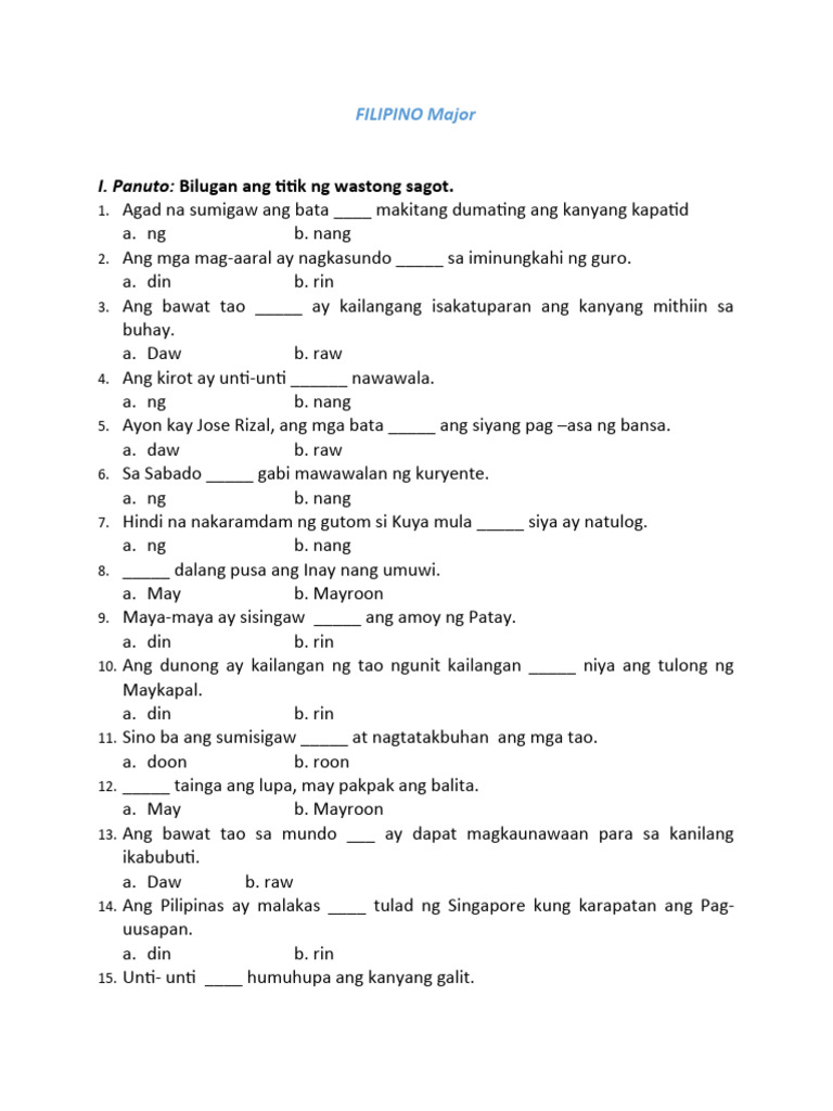 I. Panuto: Bilugan Ang Titik NG Wastong Sagot.: Filipino Major | PDF