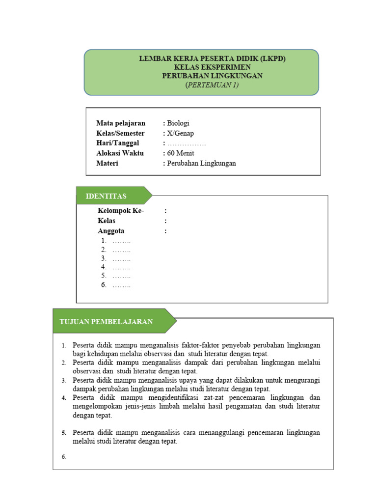 LKPD Kelas Eksperimen Pert 1 | PDF