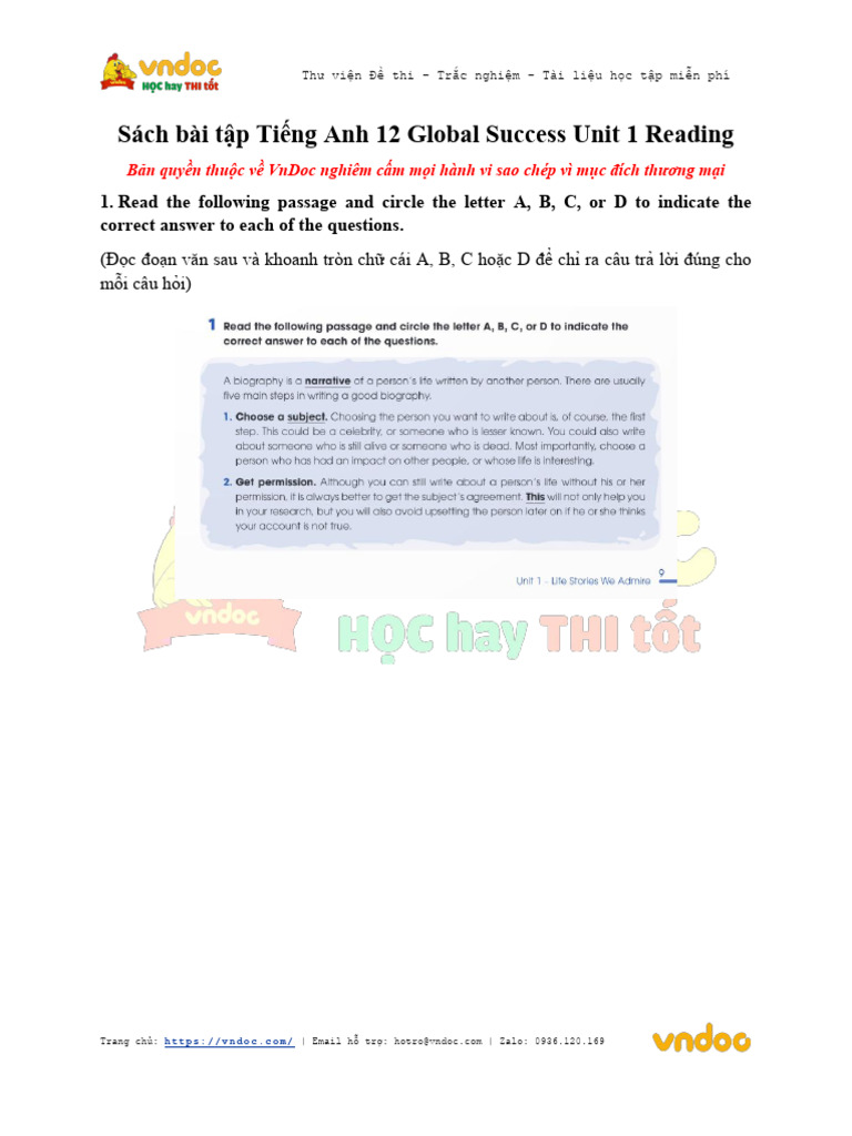 SBT Tieng Anh 12 Global Success Unit 1 Reading | PDF