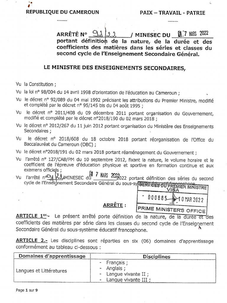 Nouveaux Quotas Horaires Et Coefficients Du Second Cycle de L'e | PDF