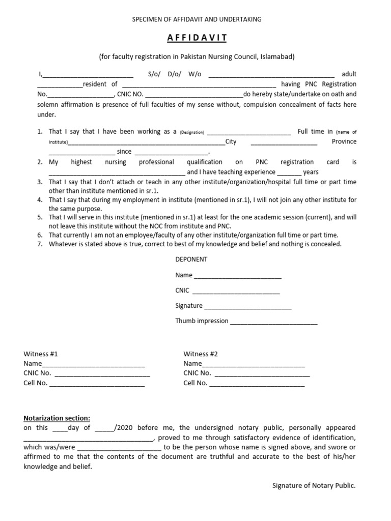 Specimen of Affidavit and Undertaking | PDF | Affidavit