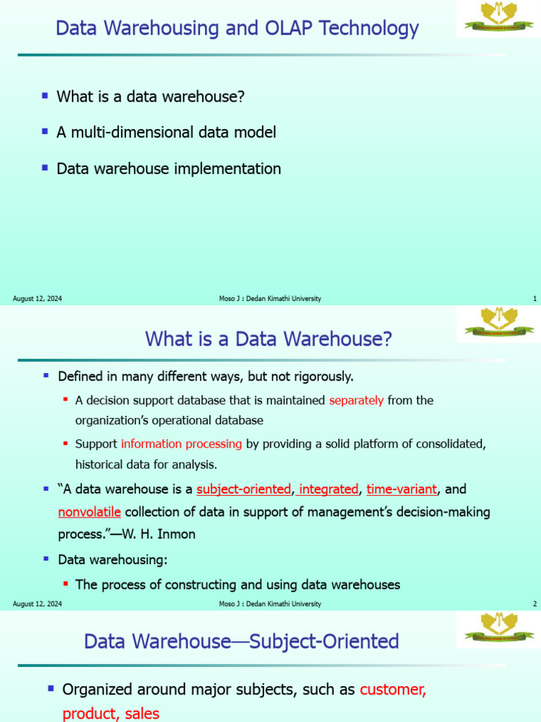 ICS 2408 - Lecture 3 and 4 - Data Warehouse and OLAP | PDF | Data Warehouse | Information Technology