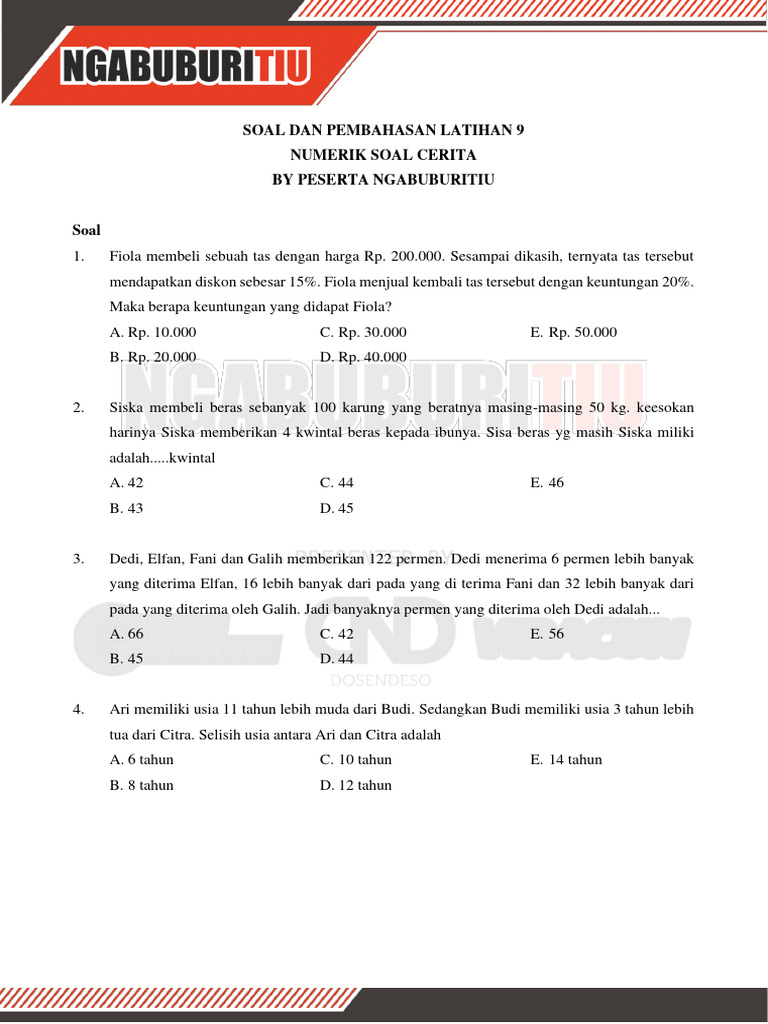 Soal Dan Pembahasan Latihan 9 Numerik Soal Cerita | PDF