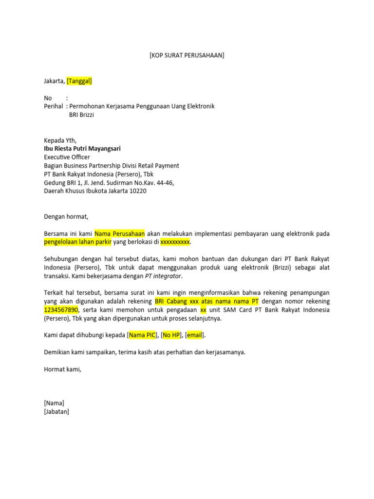 Draft Surat Permohonan Kerjasama - BRI v2.3 | PDF