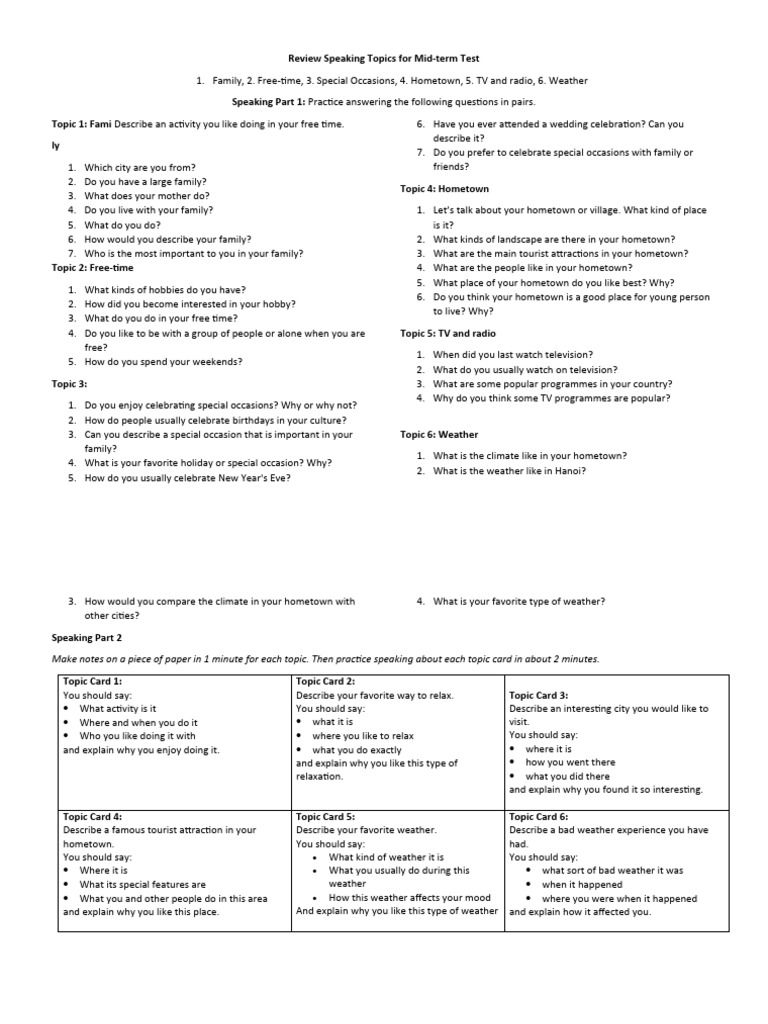 Speaking Review For Midterm - Part 1 - Part 2 | PDF