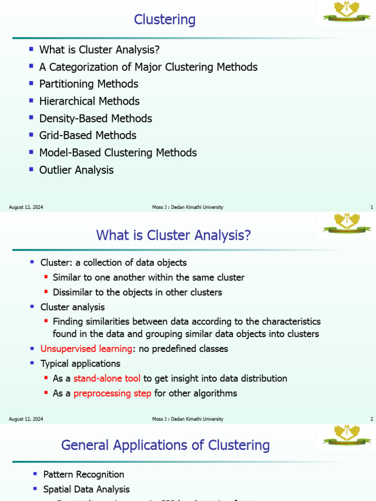 ICS 2408 - Lecture 7 - Clustering | PDF | Cluster Analysis | Algorithms