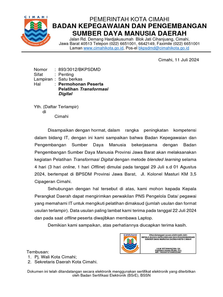 SURAT PERMOHONAN PESERTA PELATIHAN TRANSFORMASI DIGITAL - Sign | PDF