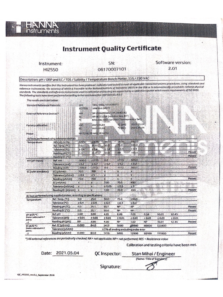 Hanna Instrument Certificate | PDF