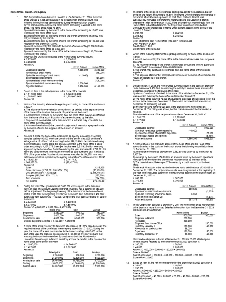 Home Office Branch and Agency Quiz | PDF | Cost Of Goods Sold | Debits And Credits
