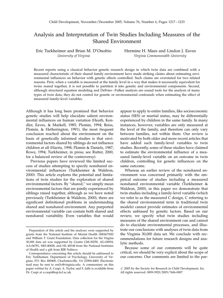 Analysis and Interpretation of Twin Studies Including Measures of The Shared Environment | PDF ...