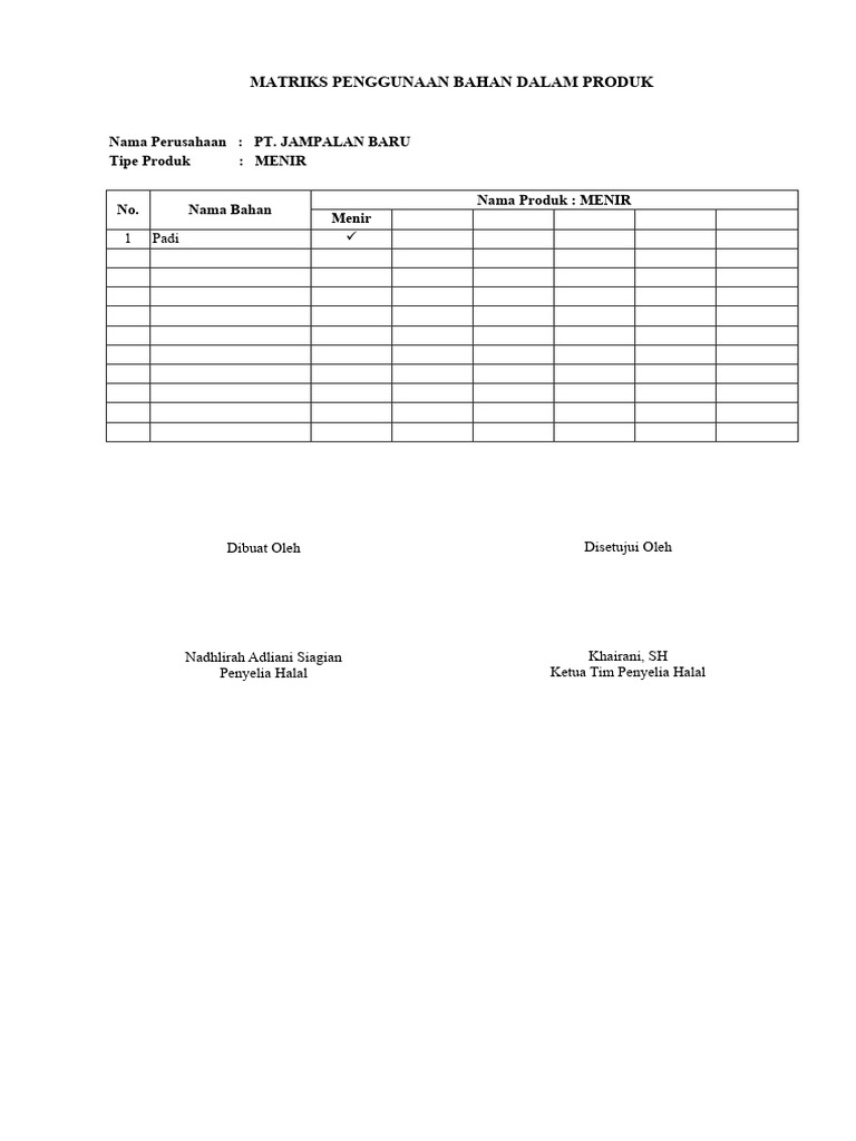 Matriks Penggunaan Bahan Dalam Produk (Menir) | PDF