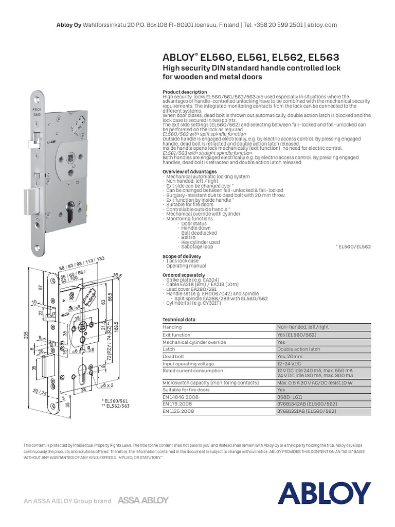 ABLOY EL563 Data Sheet 1 | PDF | Access Control | Electricity