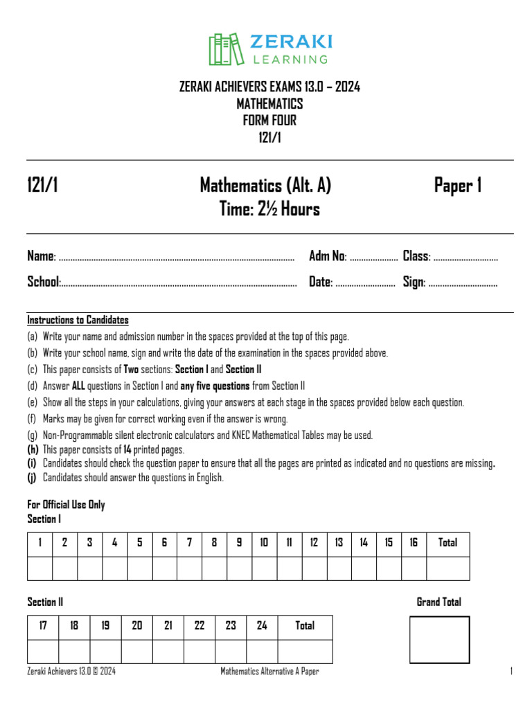 2024 Mathematics Paper 1 - Form Four | PDF | Area | Circle