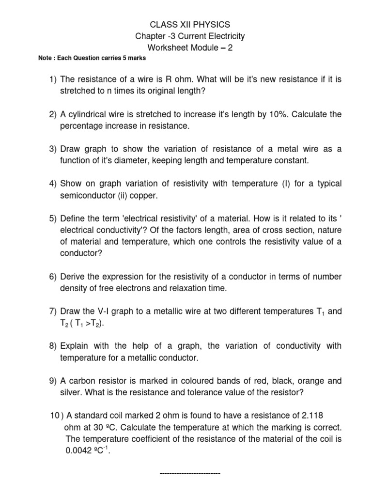 Worksheet Class Xii Physics Chapter 3 Current Electricity Module - 2 ...