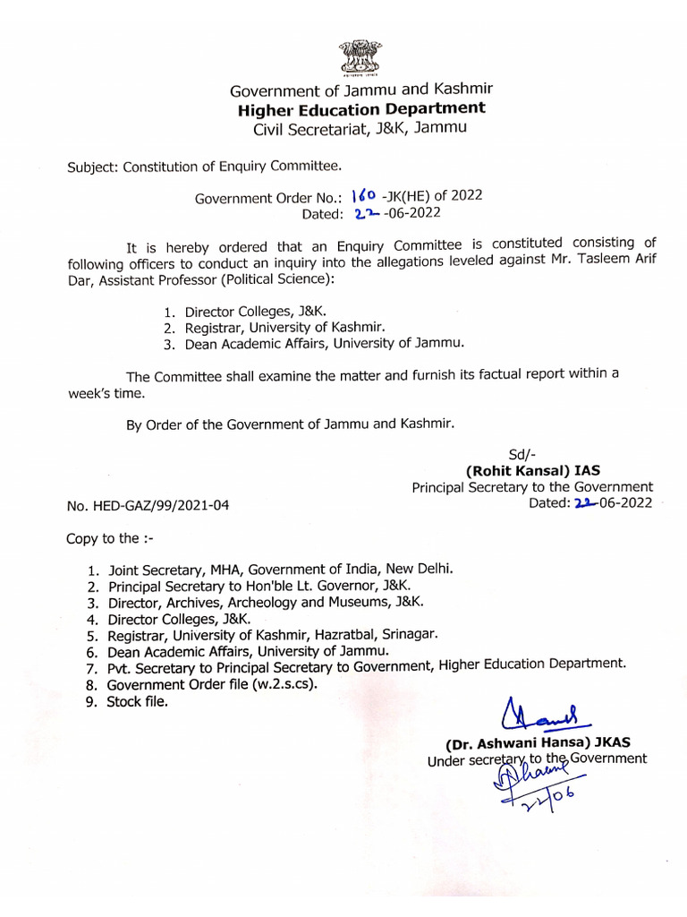 Constitution of Enquiry Committee. Order No. 160-JK (HE) of 2022 Dated ...