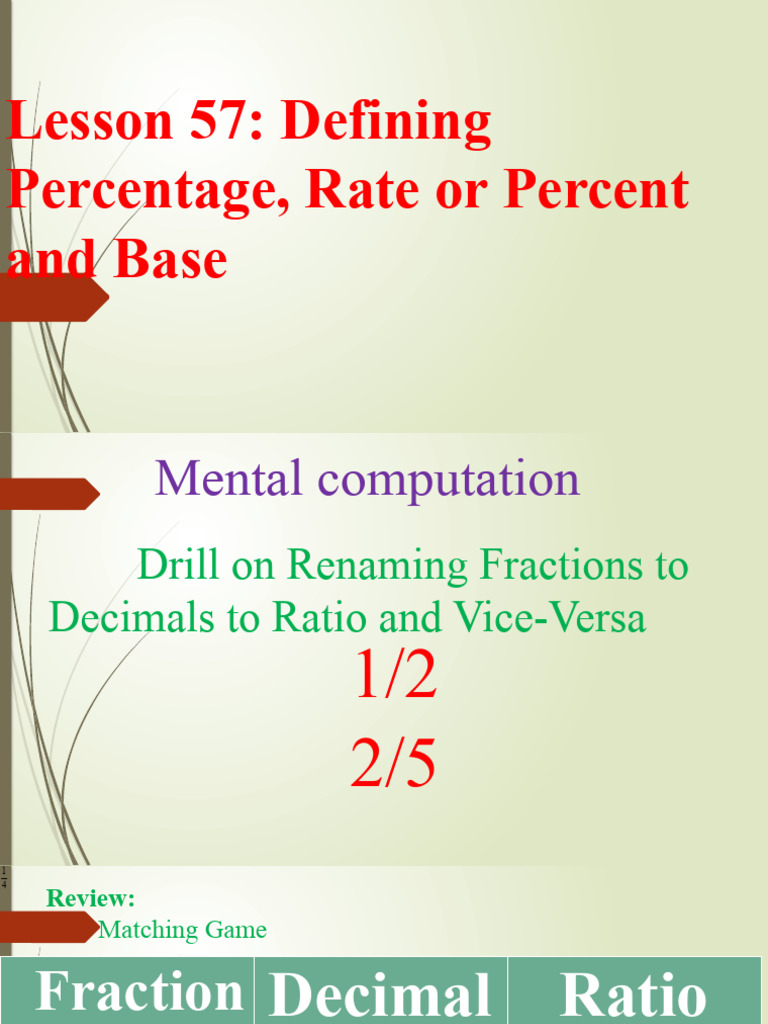 MATH 5 PPT Q3 - Lesson 57 - Defining Percentage, Rate or Percent and Base 1 | PDF | Percentage ...