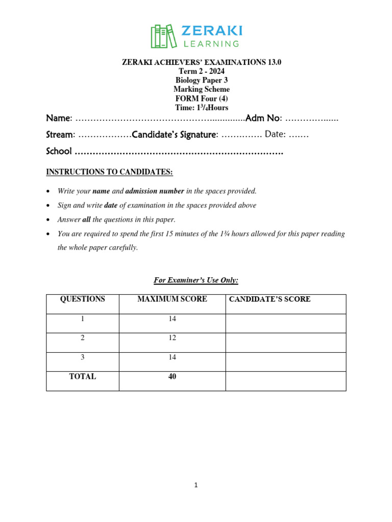 KCSE 2019 Biology Paper 3 Marking Scheme | PDF | Germination | Starch