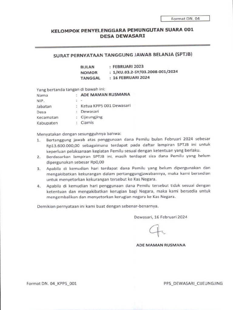 SPTJB Dan Lampiran - TPS 001-022 - PPS Desa Dewasari - Cijeungjing | PDF