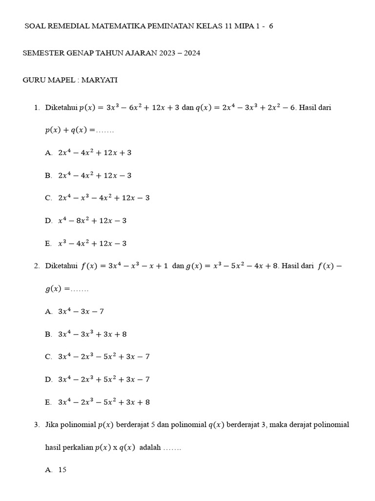 Soal Remedial MTK Minat KLS 11 Semester Genap | PDF | Metode & Bahan Ajar