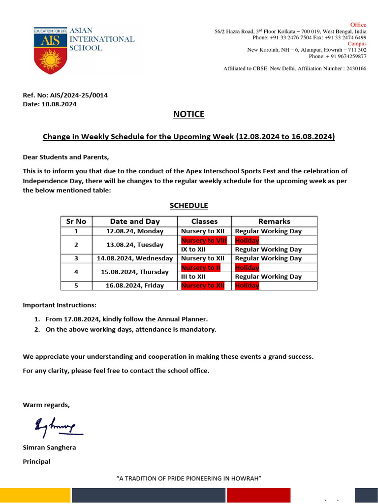School Circular For The Change in Weekly Schedule For The Upcoming Week ...