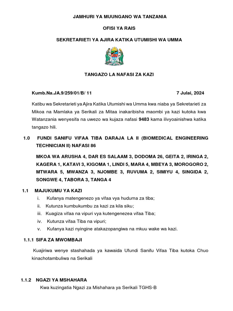 Tangazo La Kazi Kada Za Afya | PDF