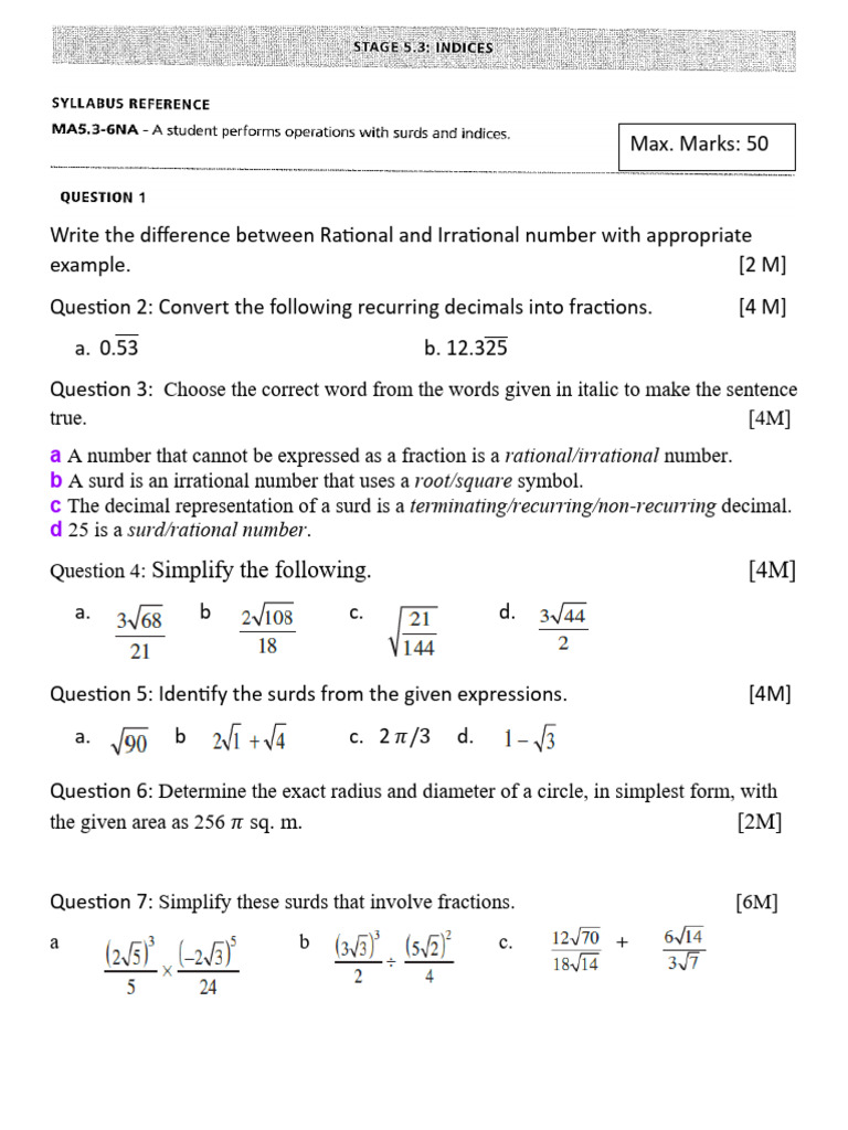 5.3 Test Surds and Indices | PDF