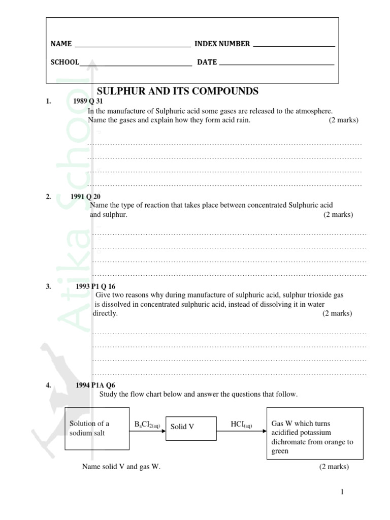 Sulphur and Its Compounds Chemistry Form 3 Topical Q N A | PDF ...