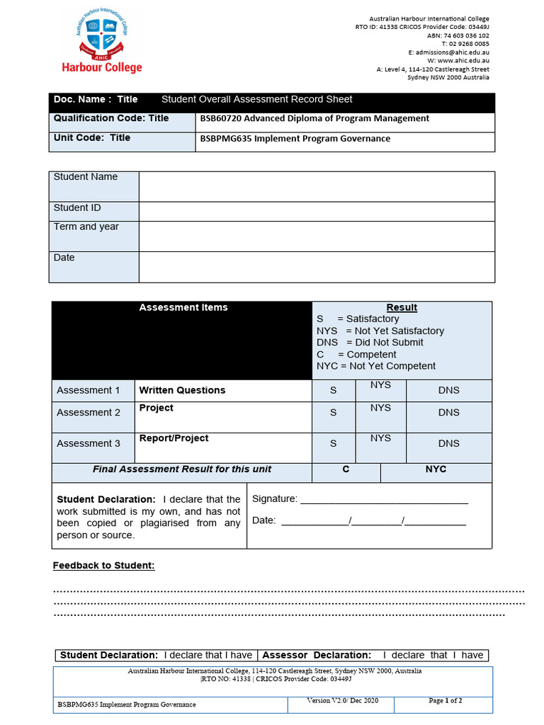 Student Assessment Record: BSBPMG635 | PDF