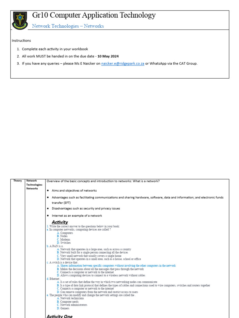 Gr10 CAT Theory Network Technologies - Networks | PDF | Computer Network | Network Switch