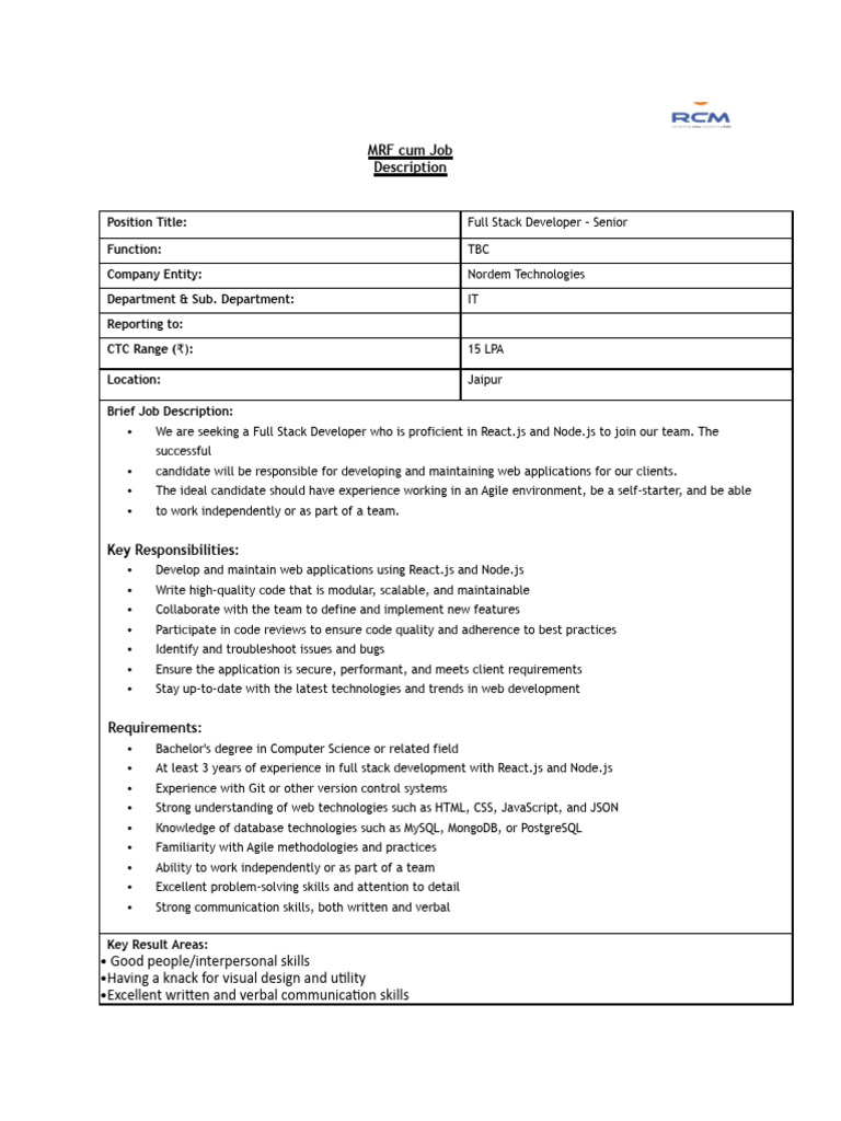 Final JD - Full Stack Developer - Senior | PDF | Web Development | Computer Science