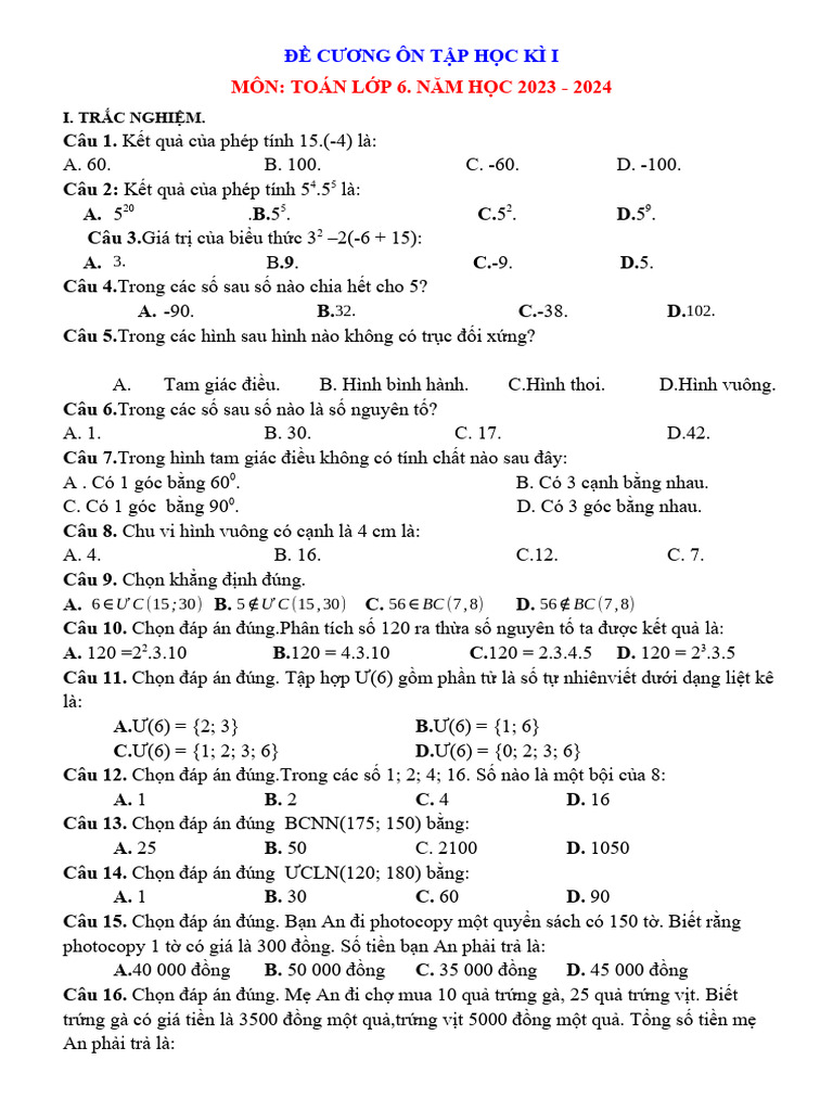 ĐỀ CƯƠNG ÔN TẬP HK1-Toan-6-KNTT | PDF
