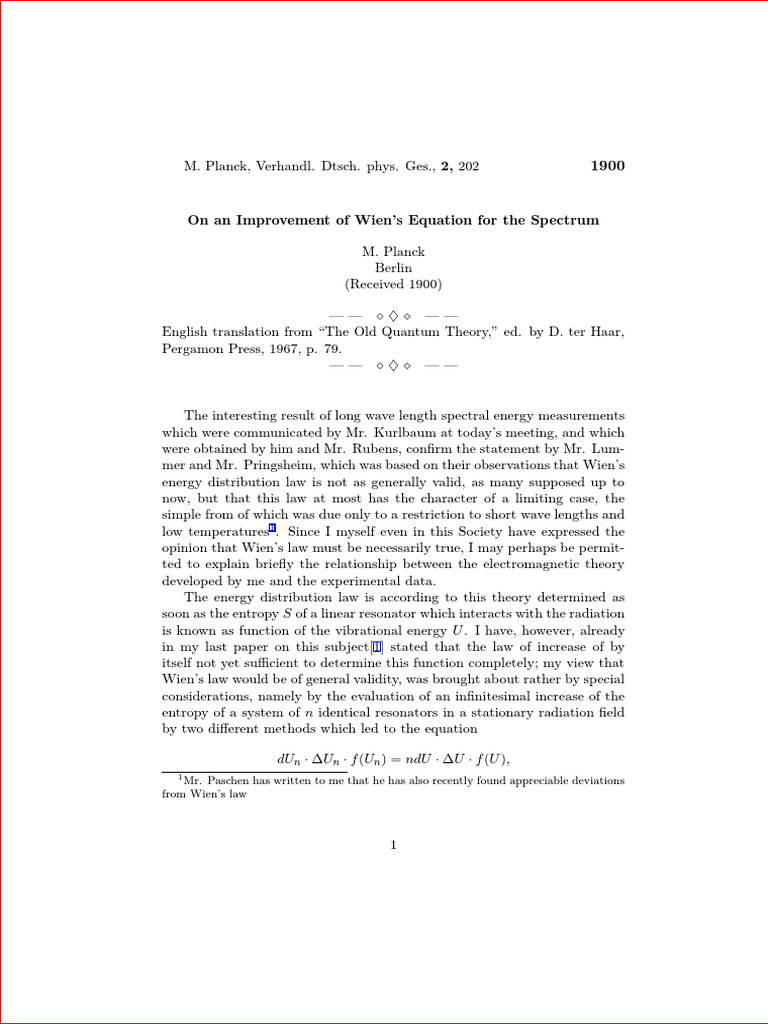 Planck (1900), Improvement of Wien - S | PDF | Electromagnetic ...