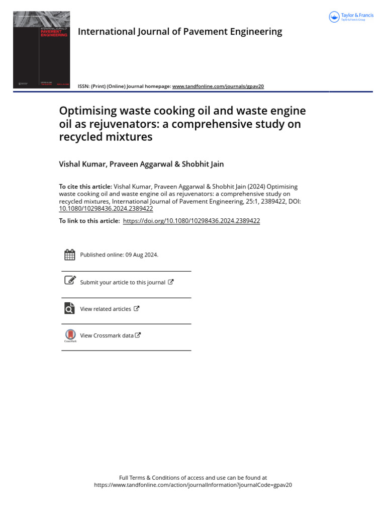 Optimising Waste Cooking Oil and Waste Engine Oil As Rejuvenators A ...