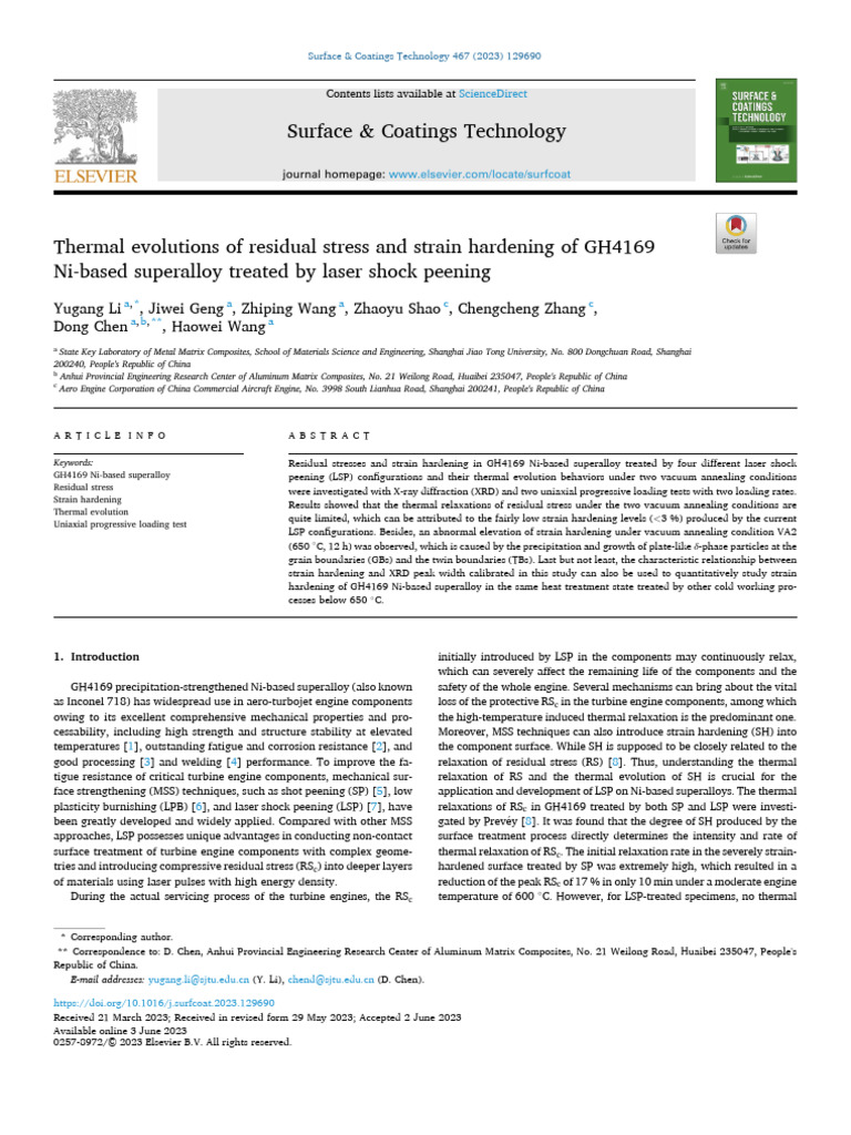 2023 Zcc Thermal Evolutions Of Residual Stress And Strain Hardening